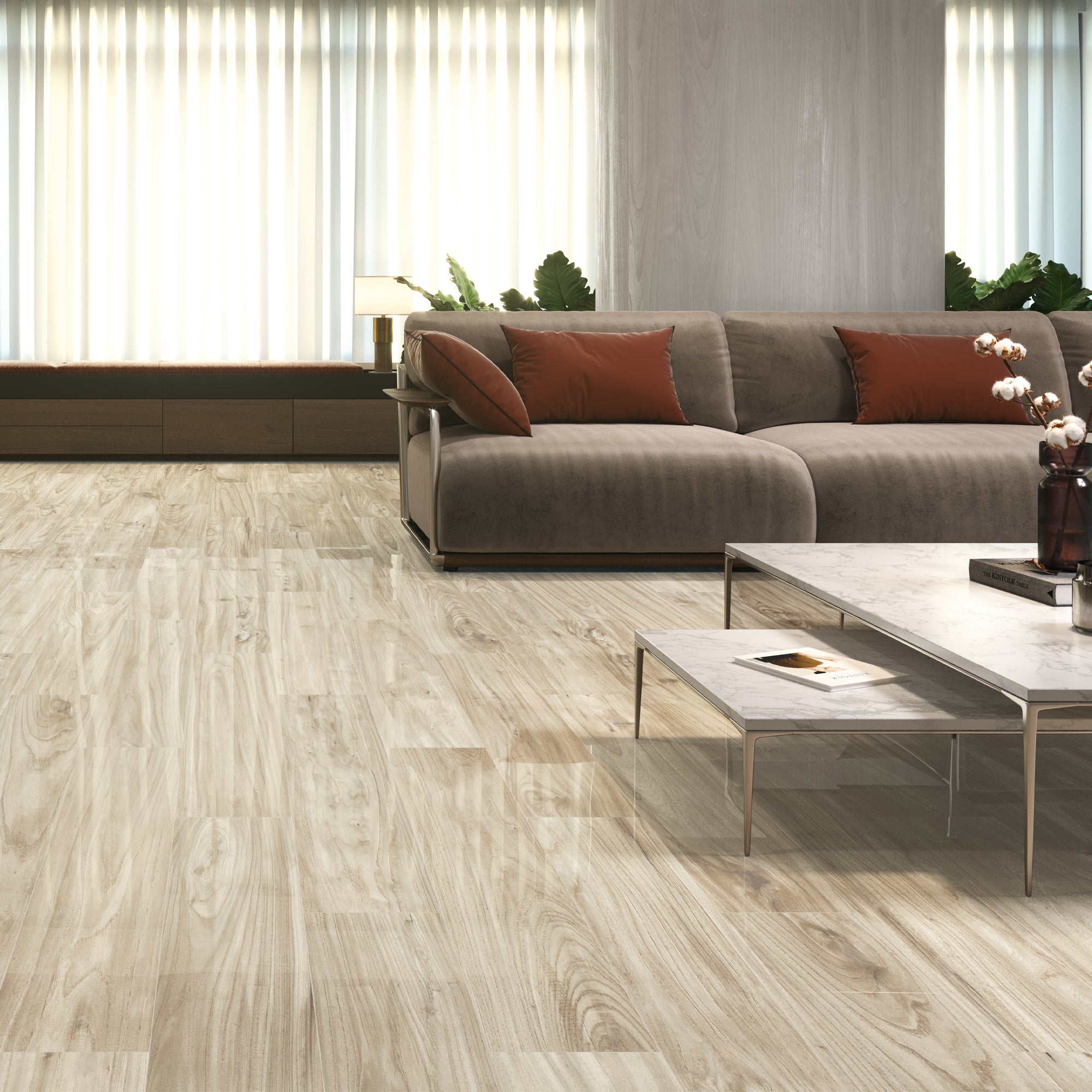 SPAZIO Maple Wood Look Polished Porcelain Tile 8"X48" Wall & Floor